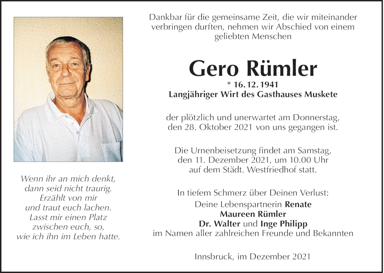 Traueranzeige von Gero Rümler vom 28.10.2021 | Tiroler Tageszeitung
