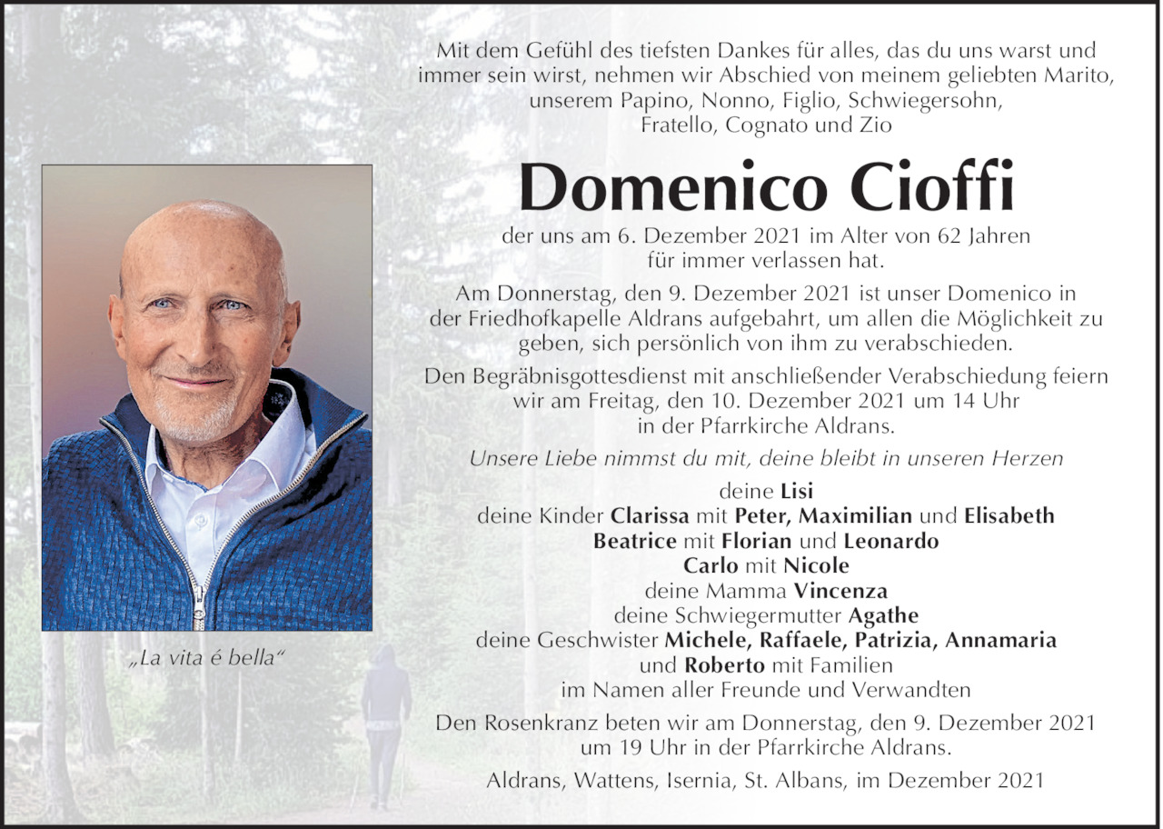 Traueranzeige von Domenico Cioffi vom 06.12.2021 | Tiroler Tageszeitung