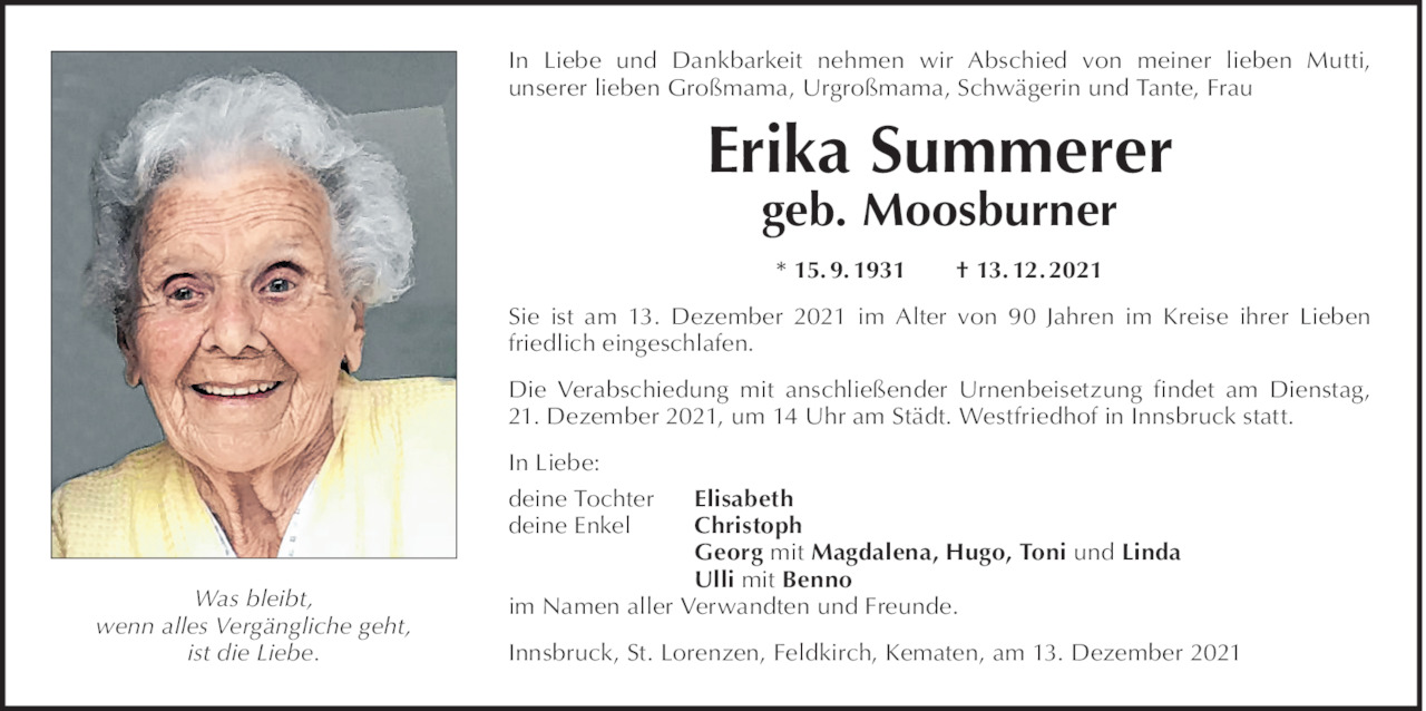 Traueranzeige von Erika Summerer vom 13.12.2021 | Tiroler Tageszeitung