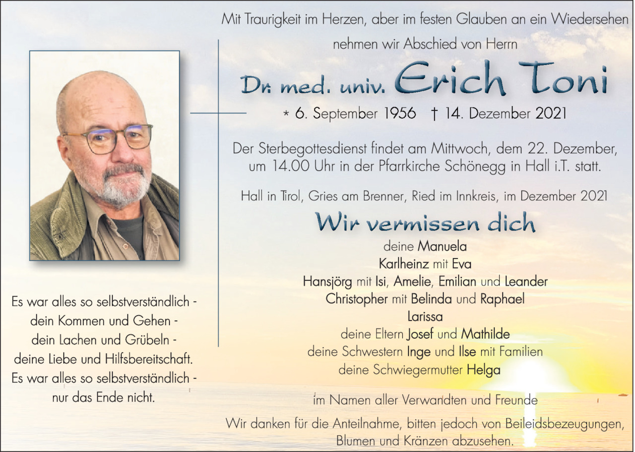 Traueranzeige von Erich Toni vom 14.12.2021 | Tiroler Tageszeitung