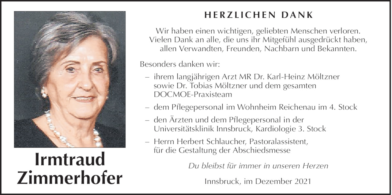 Danksagung von Irmtraud Zimmerhofer vom 18.12.2021 | Tiroler Tageszeitung