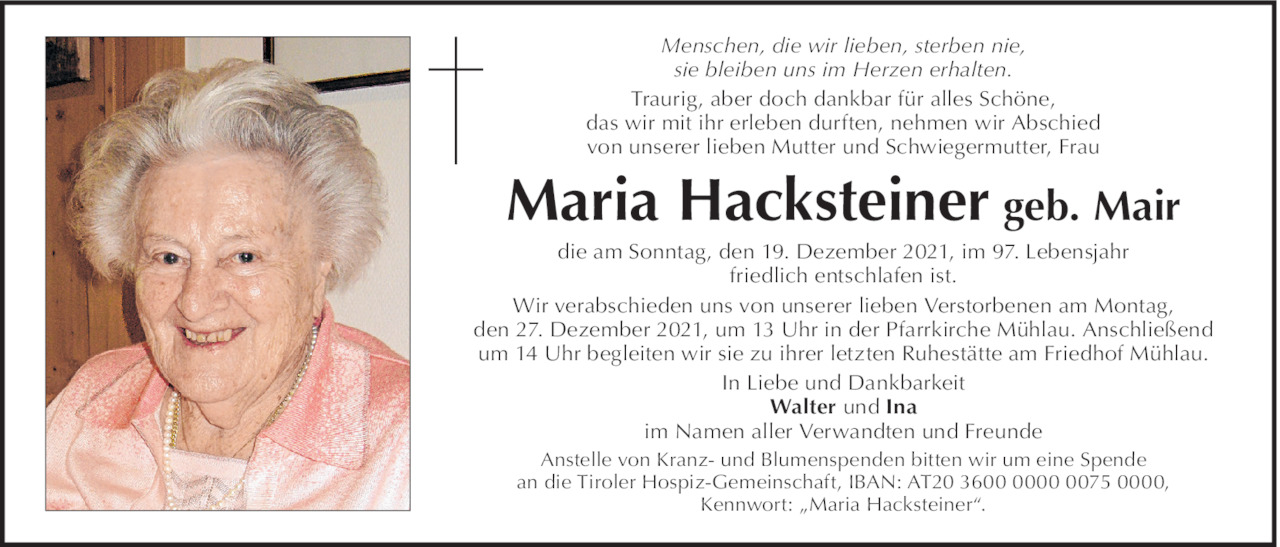 Traueranzeige von Maria Hacksteiner vom 19.12.2021 | Tiroler Tageszeitung