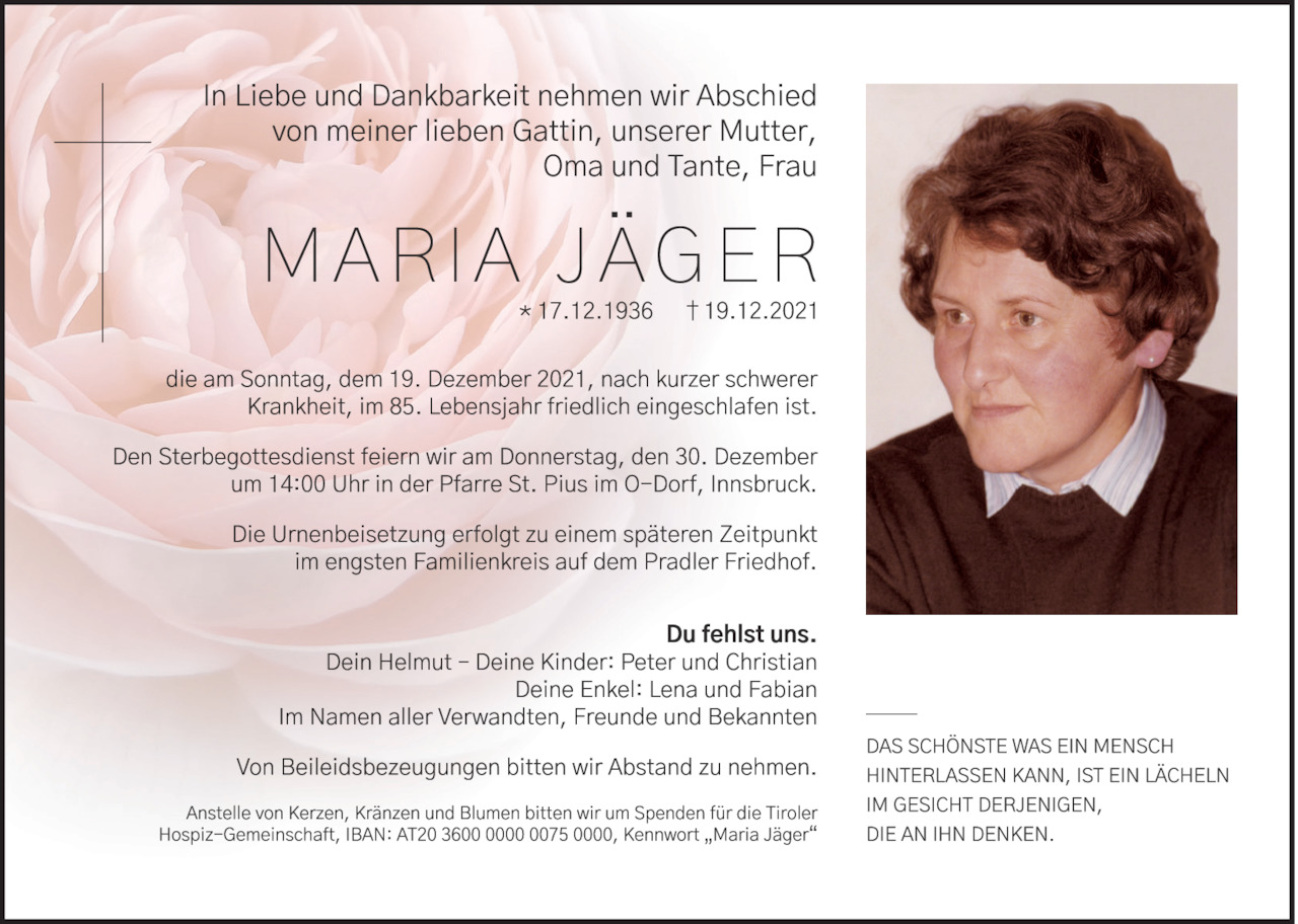 Traueranzeige von Maria Jäger vom 19.12.2021 | Tiroler Tageszeitung