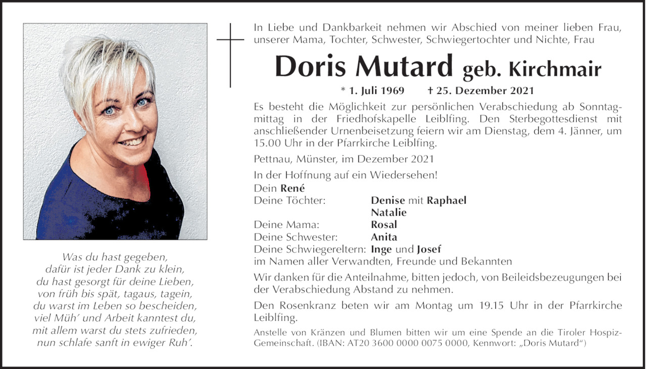 Traueranzeige von Doris Mutard vom 25.12.2021 | Tiroler Tageszeitung