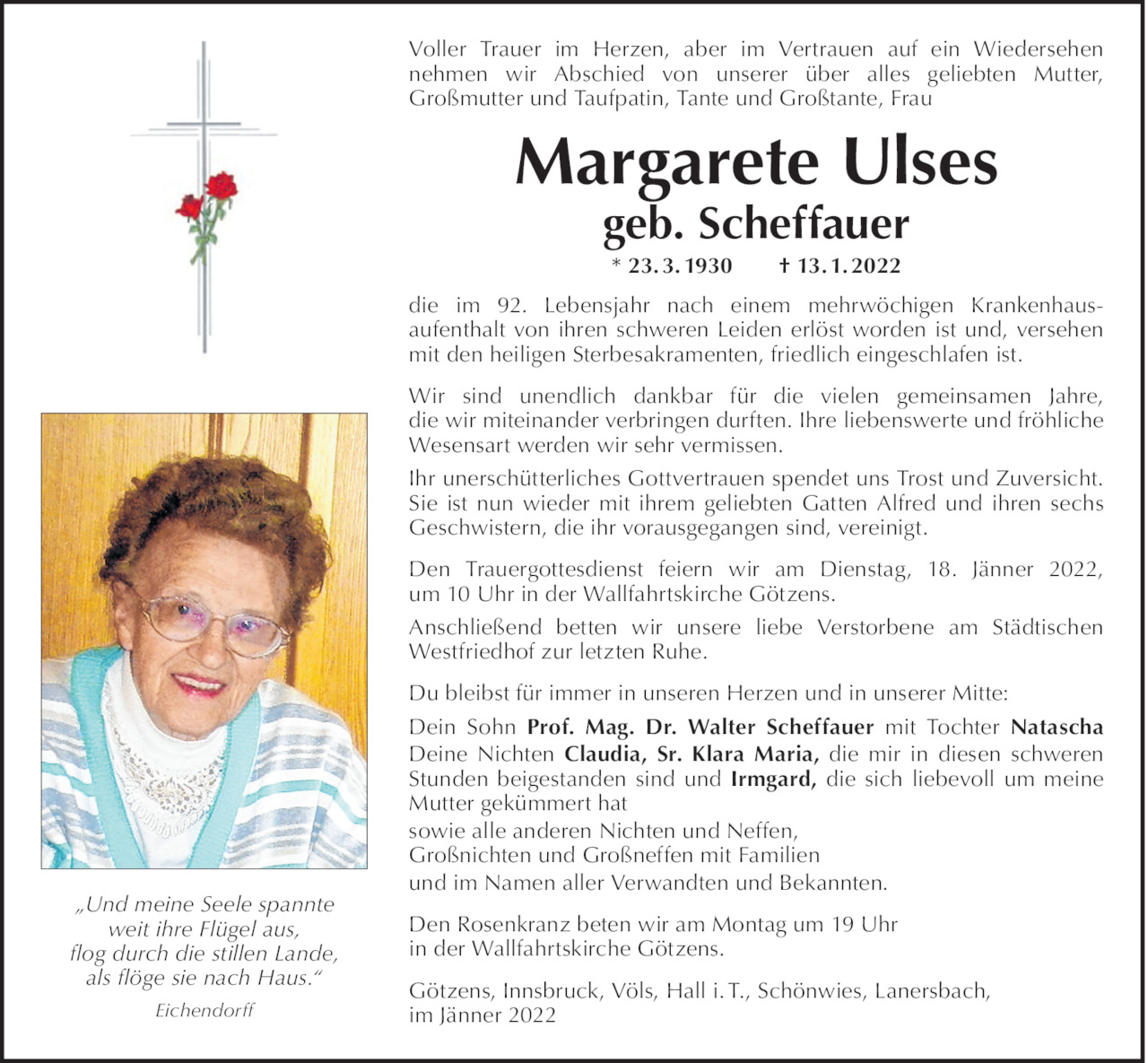 Traueranzeige von Margarete Ulses vom 13.01.2022 | Tiroler Tageszeitung
