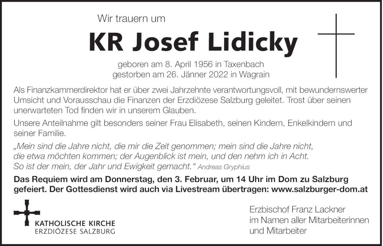 Traueranzeige von Lidicky Josef vom 26.01.2022 | Tiroler Tageszeitung