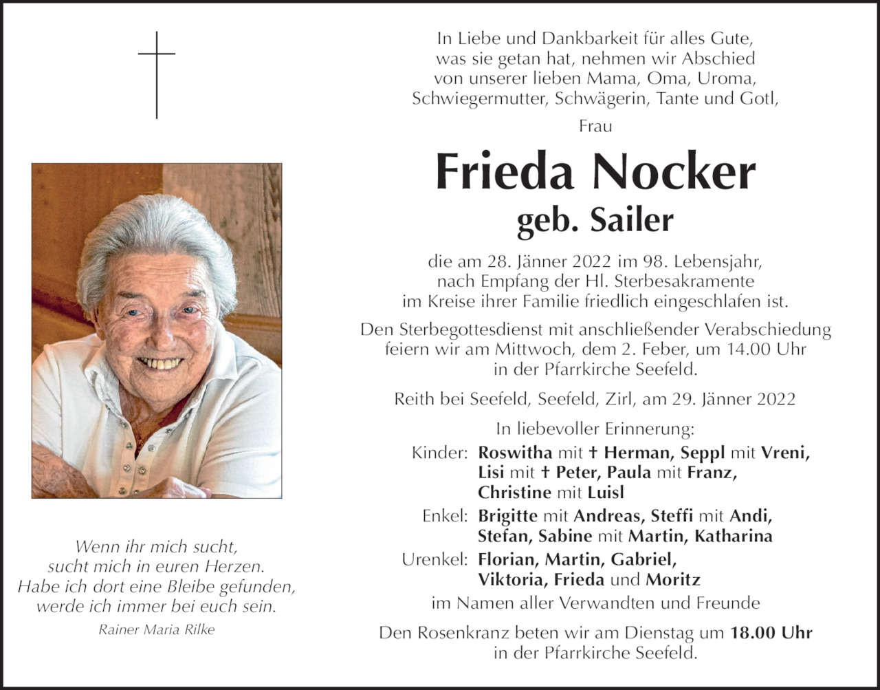 Traueranzeige von Frieda Nocker vom 28.01.2022 | Tiroler Tageszeitung