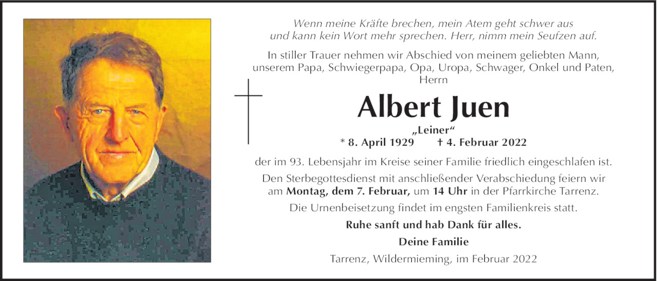 Traueranzeige von Albert Juen vom 04.02.2022 | Tiroler Tageszeitung