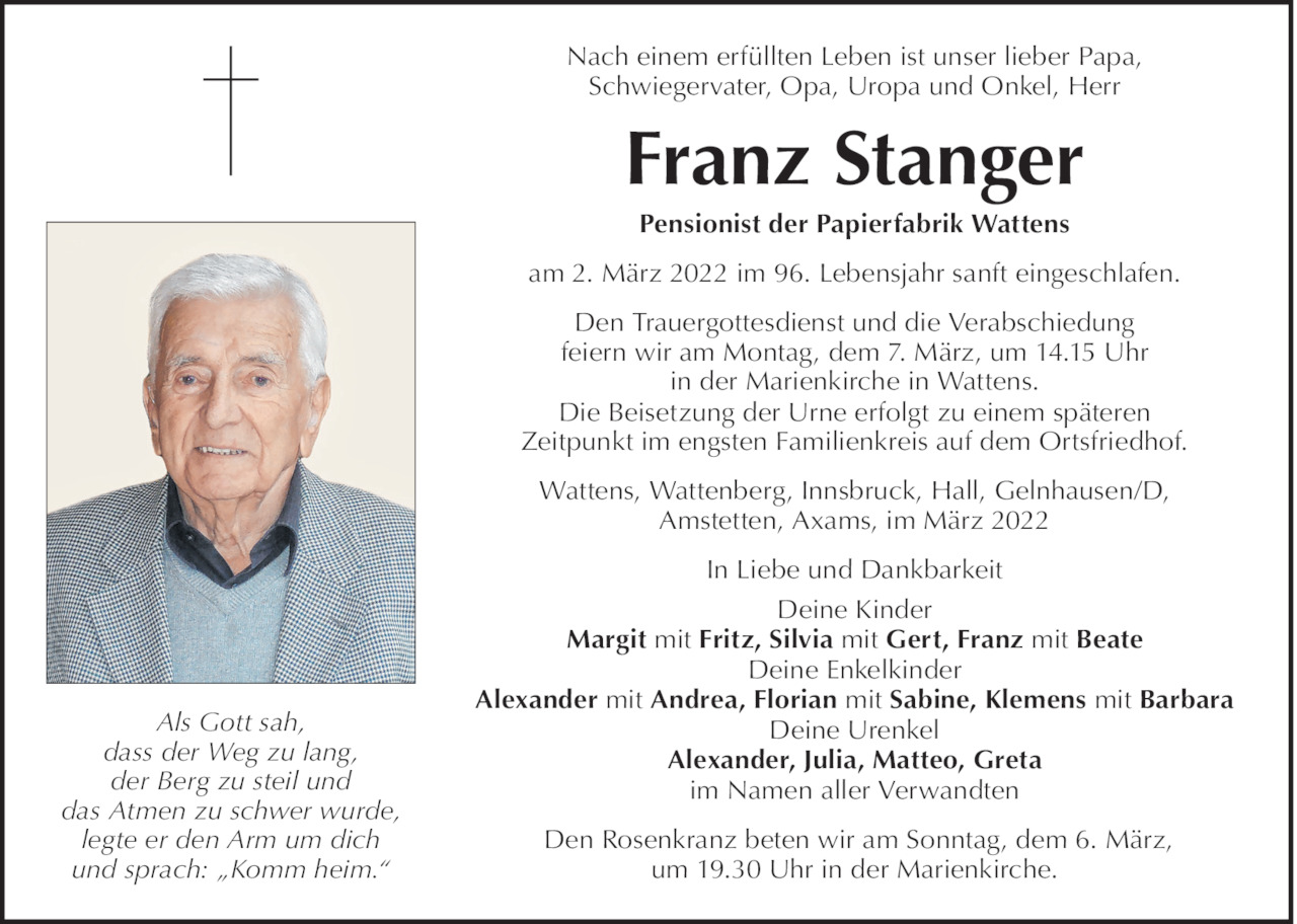 Traueranzeige von Franz Stanger vom 02.03.2022 | Tiroler Tageszeitung