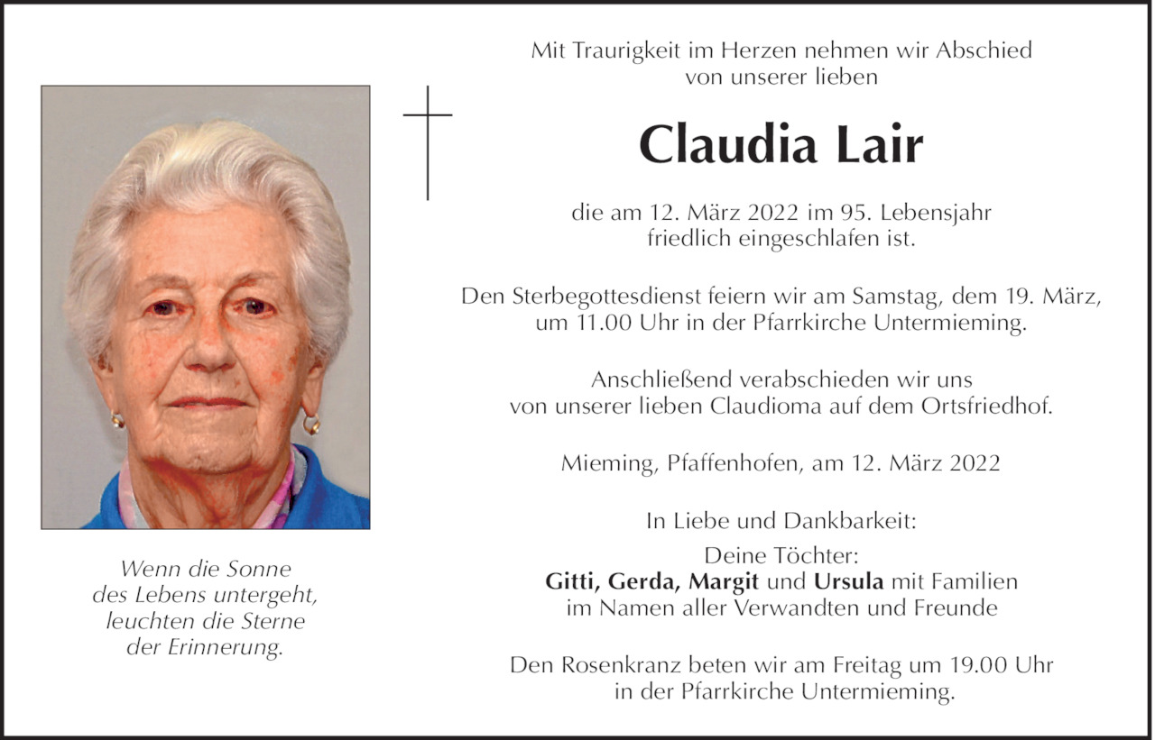 Traueranzeige von Claudia Lair vom 12.03.2022 | Tiroler Tageszeitung
