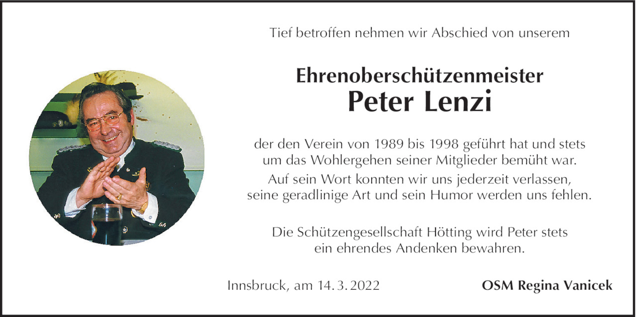 Traueranzeige von Peter Lenzi vom 15.03.2022 | Tiroler Tageszeitung