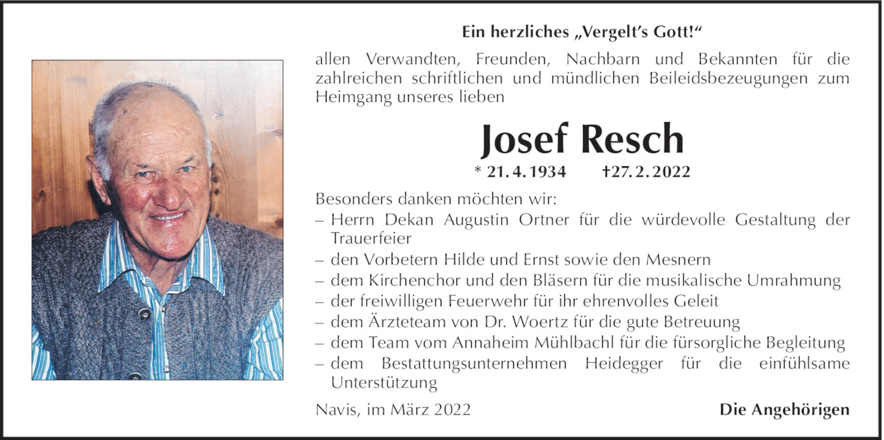 Danksagung von Josef Resch vom 27.02.2022 | Tiroler Tageszeitung