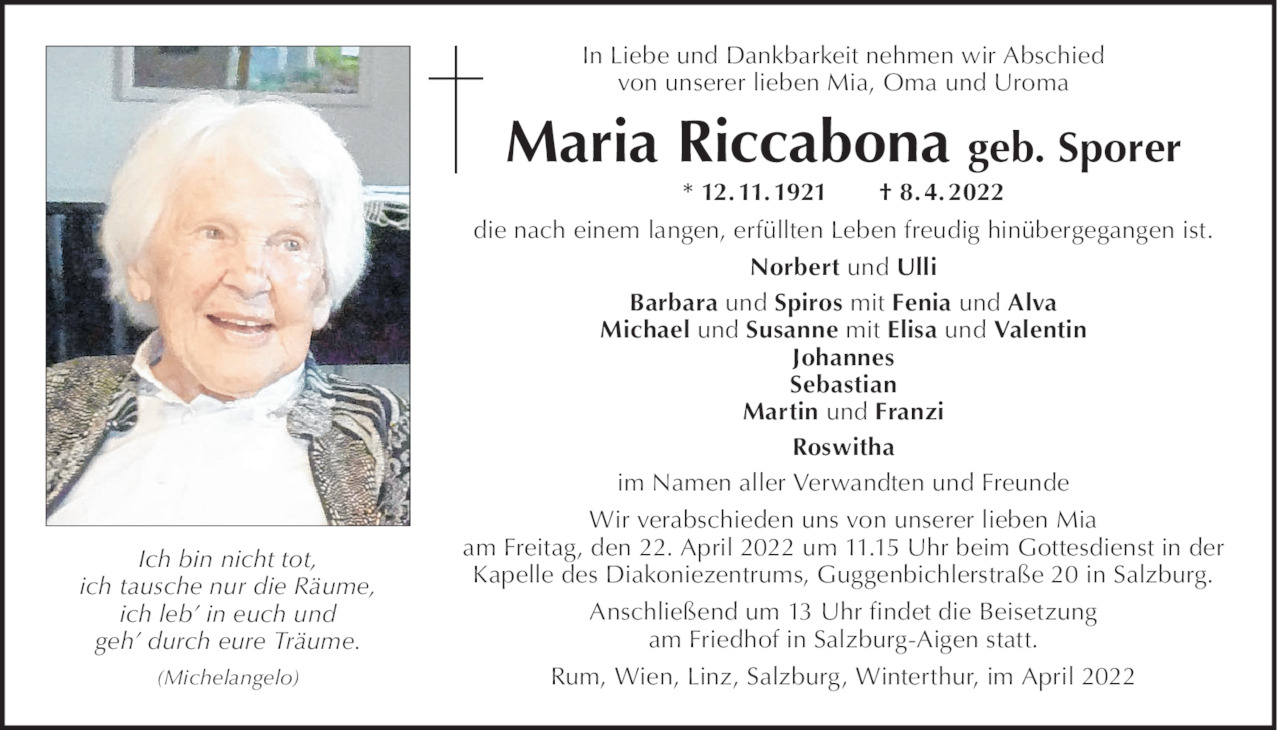 Traueranzeige von Maria Riccabona vom 08.04.2022 | Tiroler Tageszeitung
