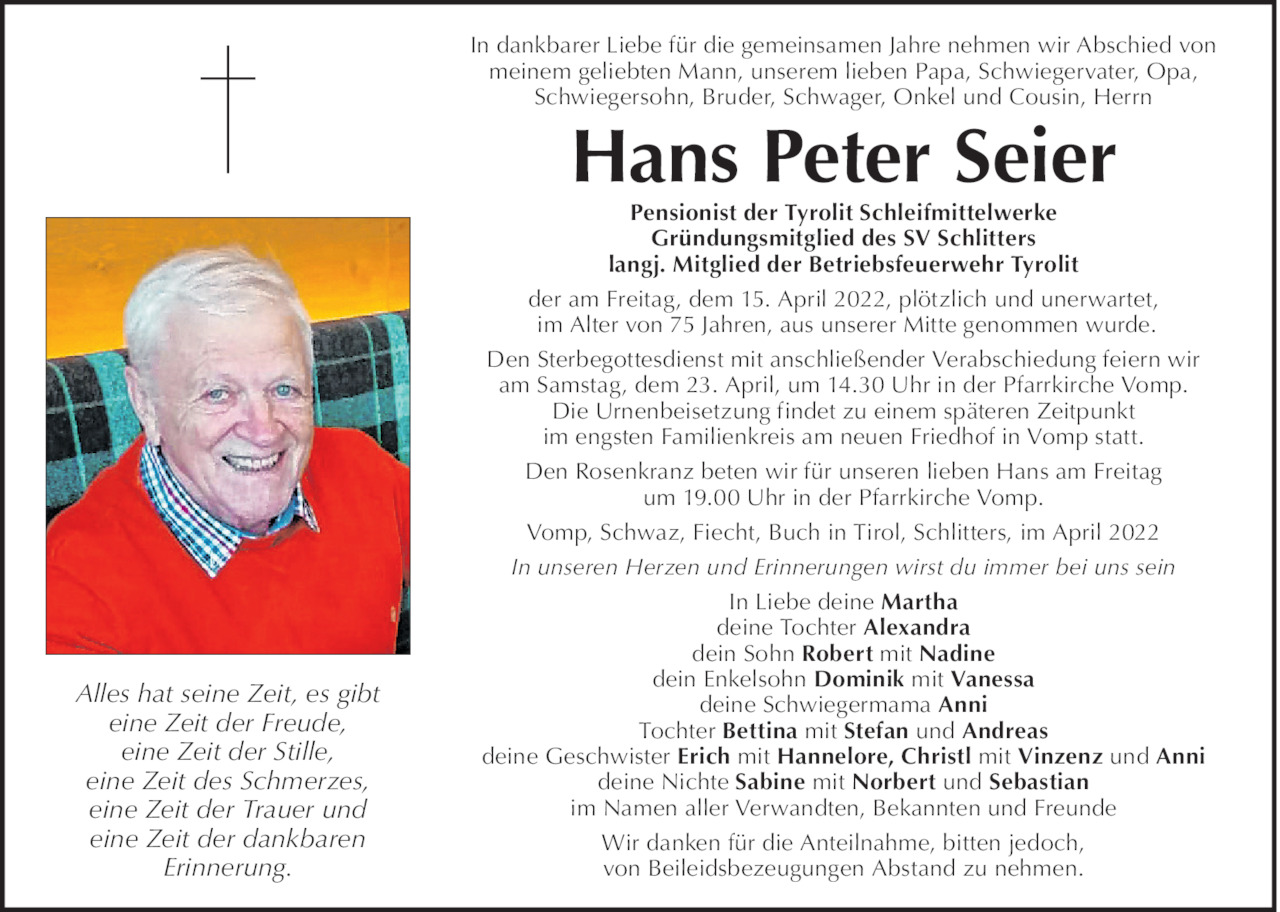Traueranzeige von Hans Peter Seier vom 15.04.2022 | Tiroler Tageszeitung