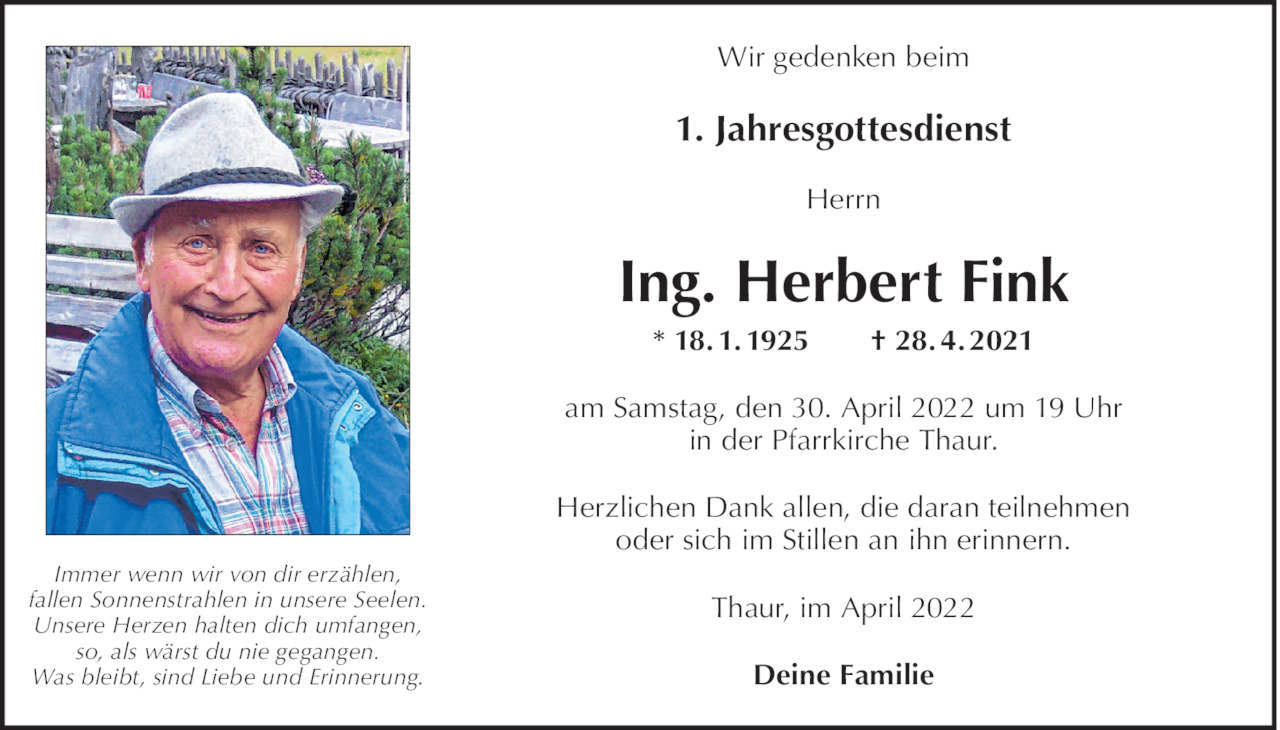 Jahrestag von Herbert Fink vom 28.04.2021 | Tiroler Tageszeitung