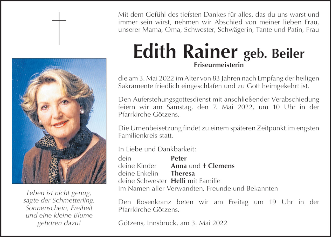 Traueranzeige von Edith Rainer vom 03.05.2022 | Tiroler Tageszeitung