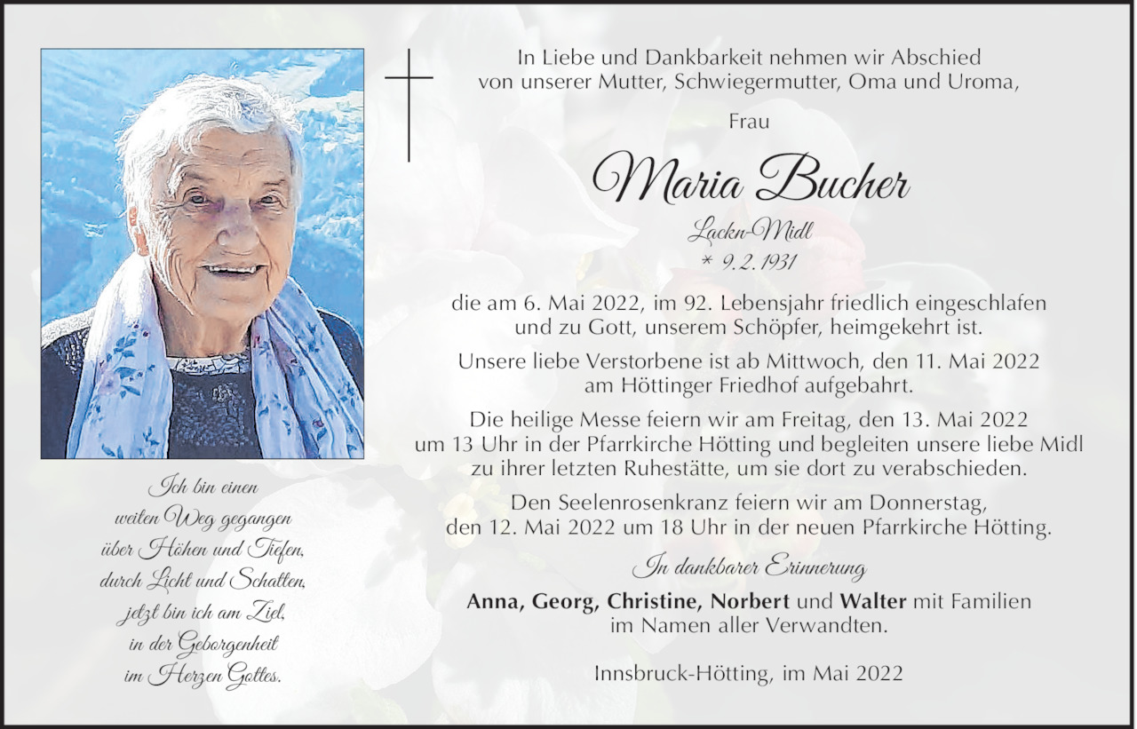 Traueranzeige von Maria Bucher vom 06.05.2022 | Tiroler Tageszeitung