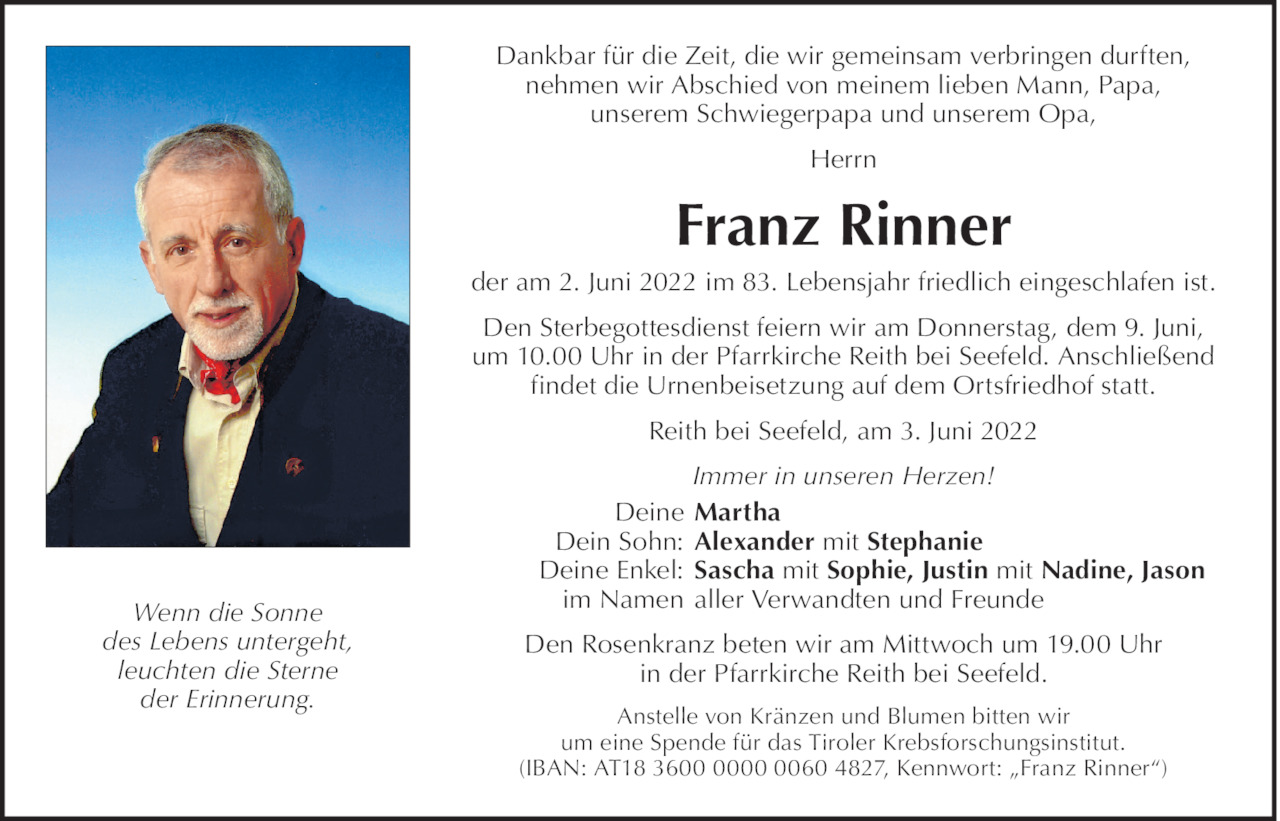 Traueranzeige von Franz Rinner vom 02.06.2022 | Tiroler Tageszeitung