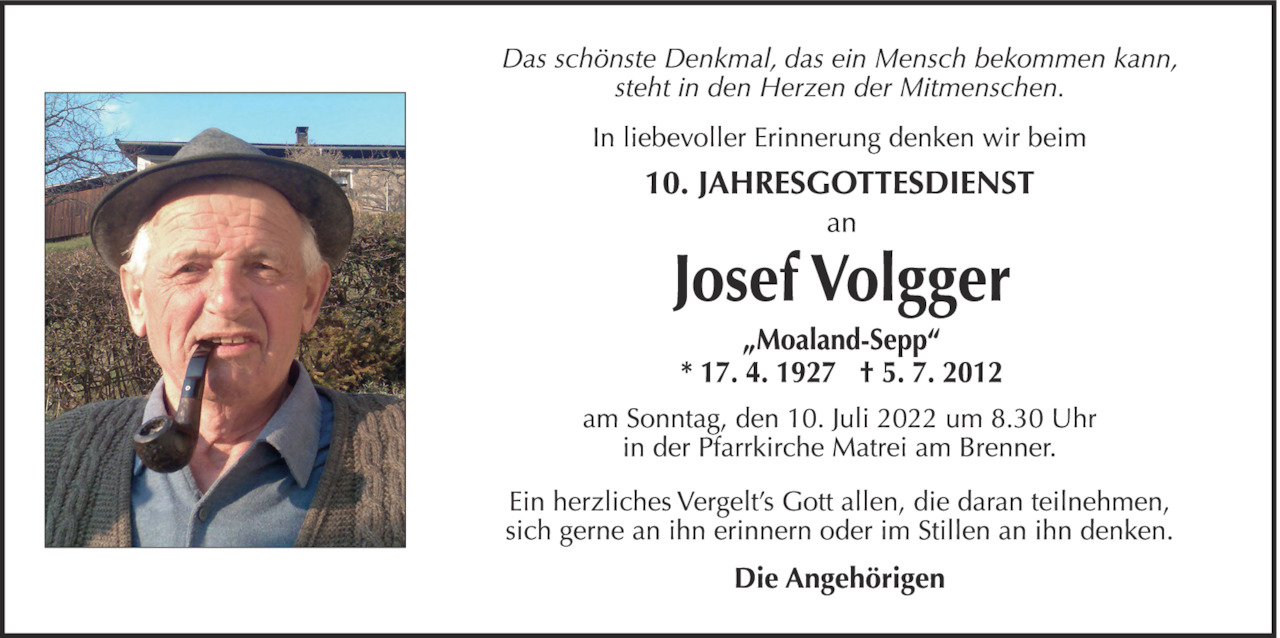 Traueranzeige von Josef Volgger vom 05.07.2012 | Tiroler Tageszeitung