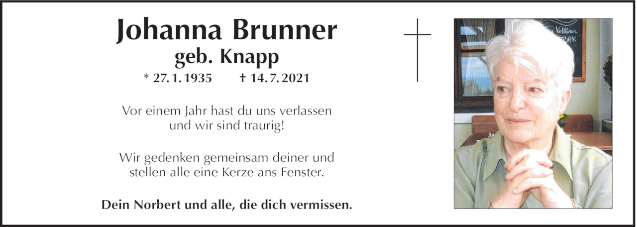 Jahrestag von Johanna Brunner vom 14.07.2022 | Tiroler Tageszeitung