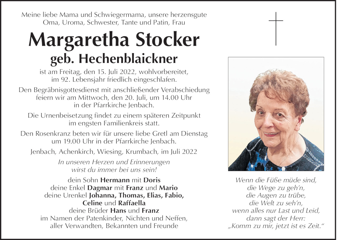Traueranzeige von Margaretha Stocker vom 15.07.2022 | Tiroler Tageszeitung