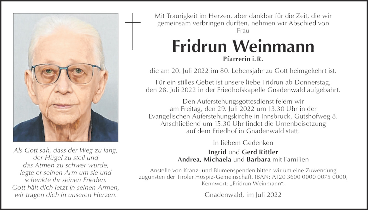Traueranzeige von Fridrun Weinmann vom 20.07.2022 | Tiroler Tageszeitung
