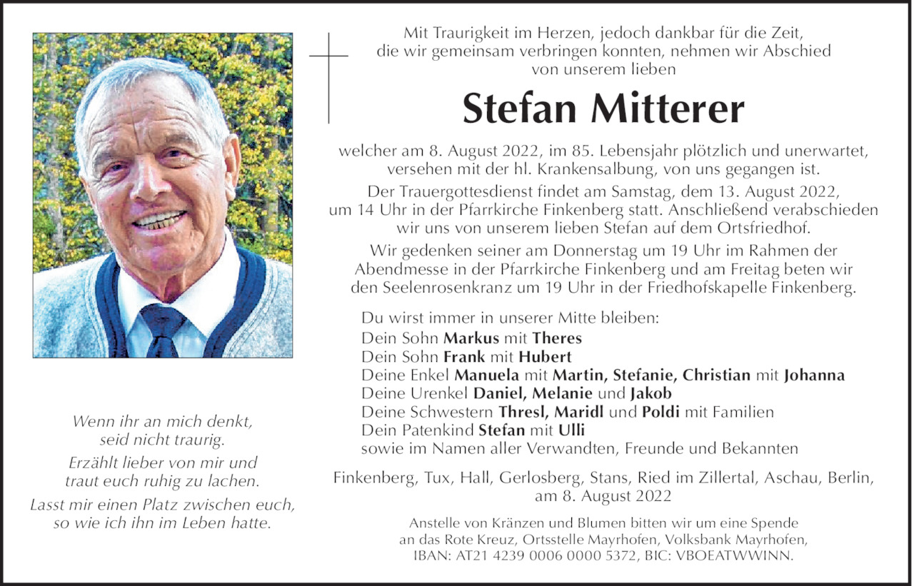 Traueranzeige von Stefan Mitterer vom 08.08.2022 | Tiroler Tageszeitung
