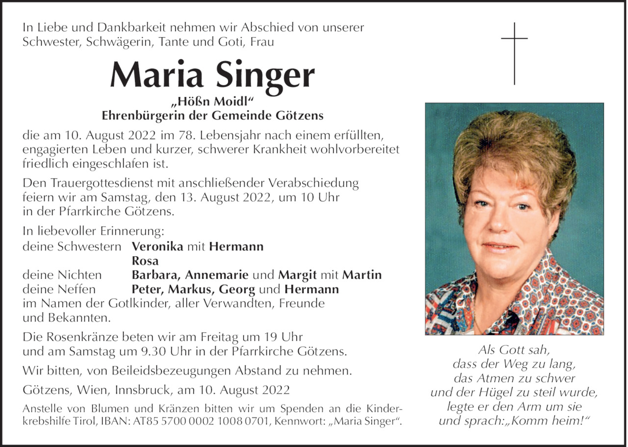Traueranzeige von Maria Singer vom 10.08.2022 | Tiroler Tageszeitung
