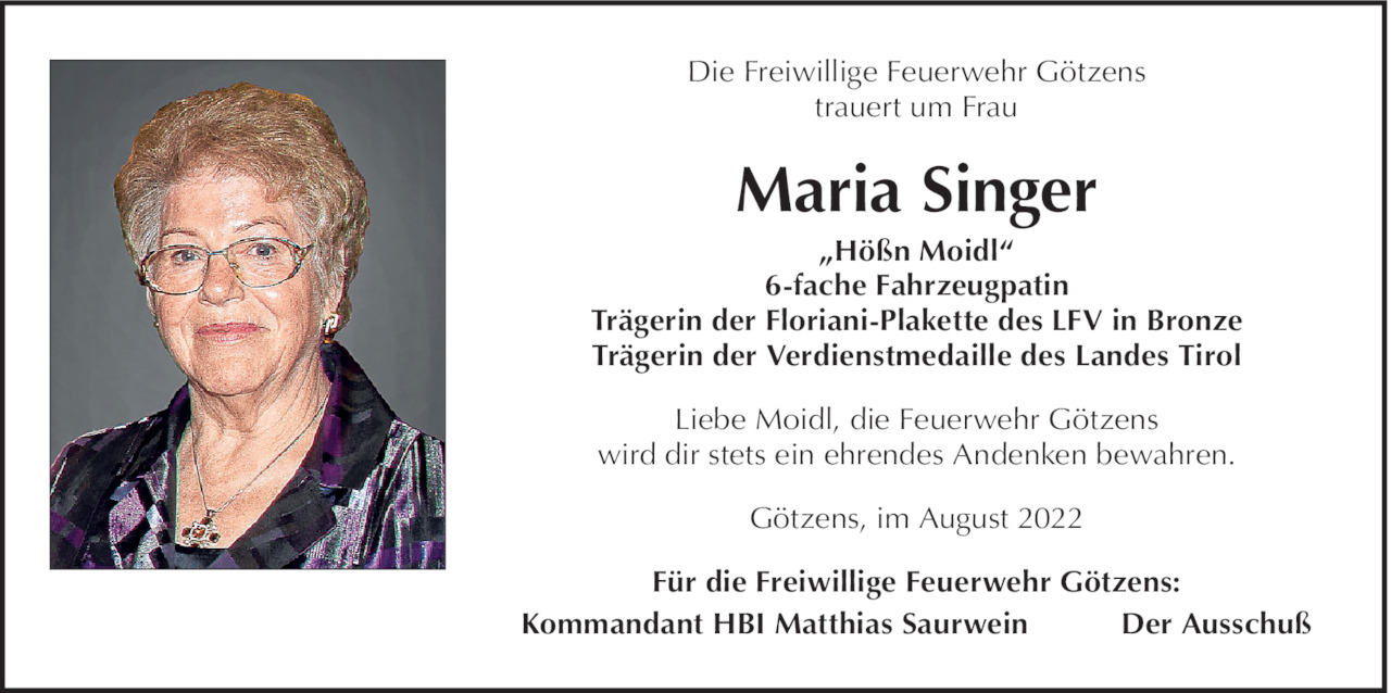 Traueranzeige von Maria Singer vom 12.08.2022 | Tiroler Tageszeitung