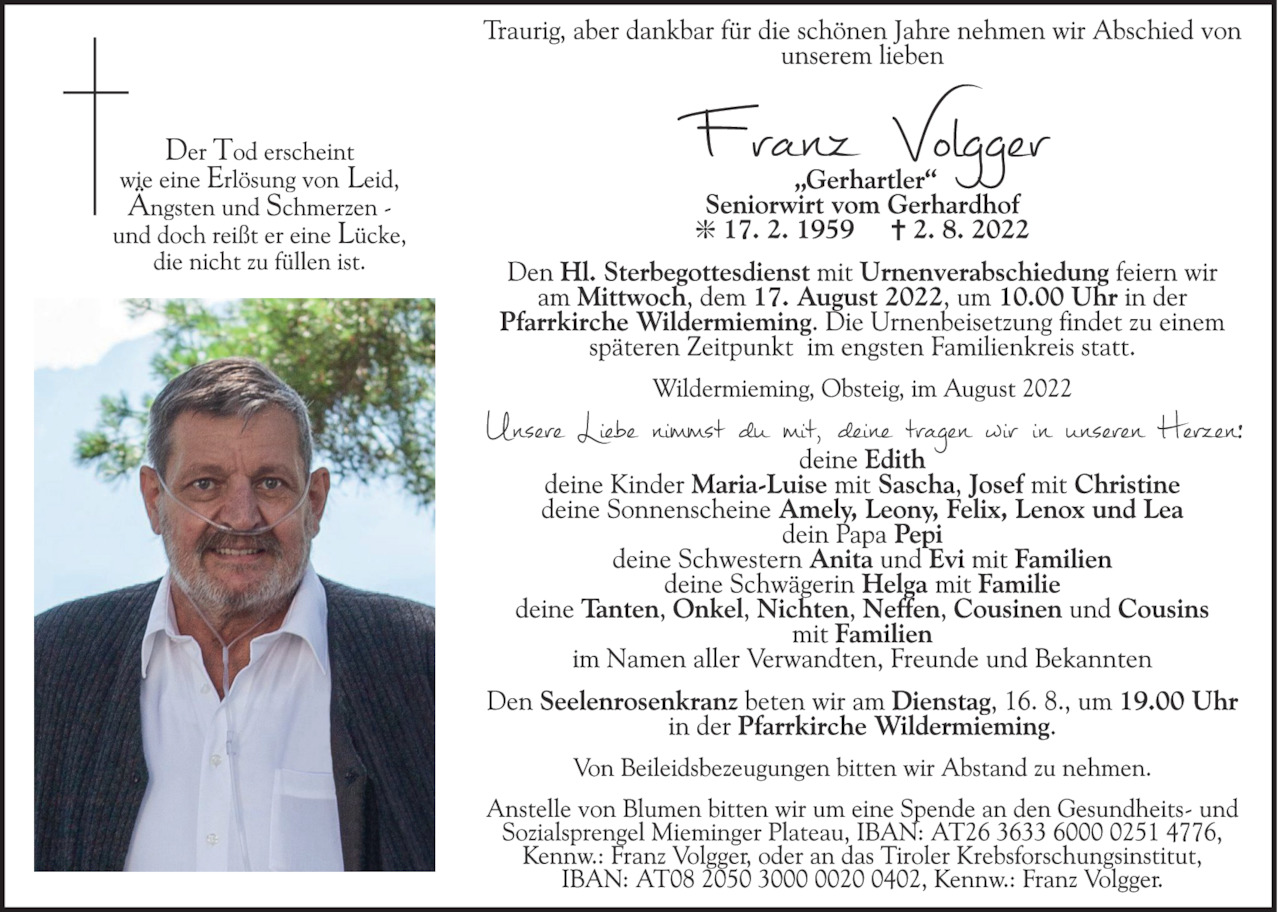 Traueranzeige von Franz Volgger vom 02.08.2022 | Tiroler Tageszeitung