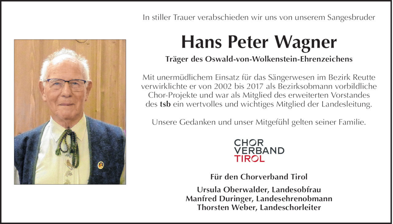 Traueranzeige von Hans Peter Wagner vom 13.08.2022 | Tiroler Tageszeitung