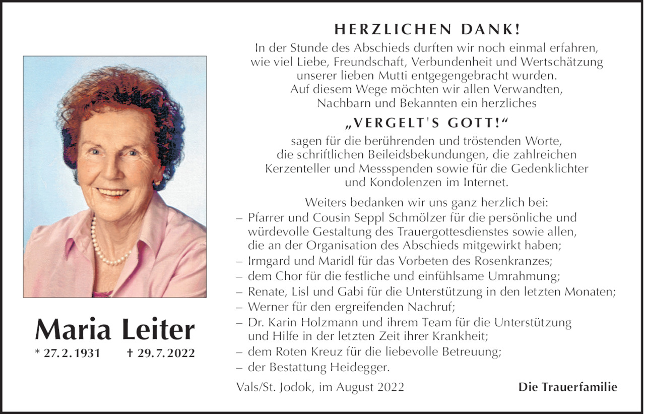 Traueranzeige von Maria Leiter vom 29.07.2022 | Tiroler Tageszeitung