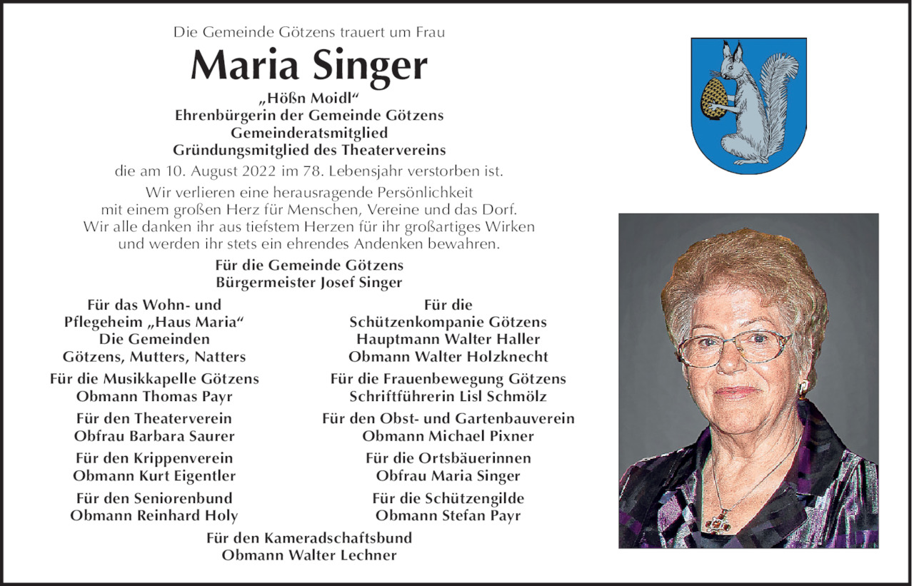 Traueranzeige von Maria Singer vom 10.08.2022 | Tiroler Tageszeitung