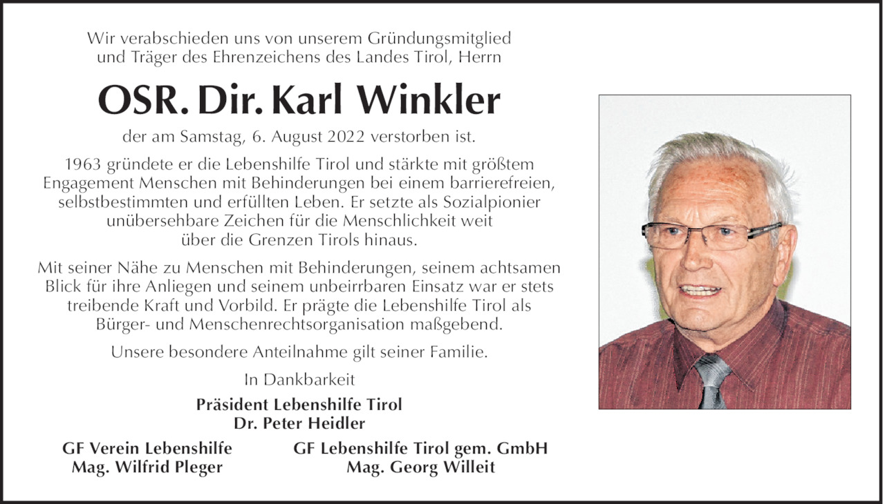 Traueranzeige von Karl Winkler vom 06.08.2022 | Tiroler Tageszeitung