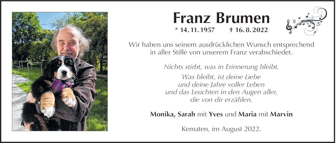 Traueranzeige von Franz Brumen vom 16.08.2022 | Tiroler Tageszeitung