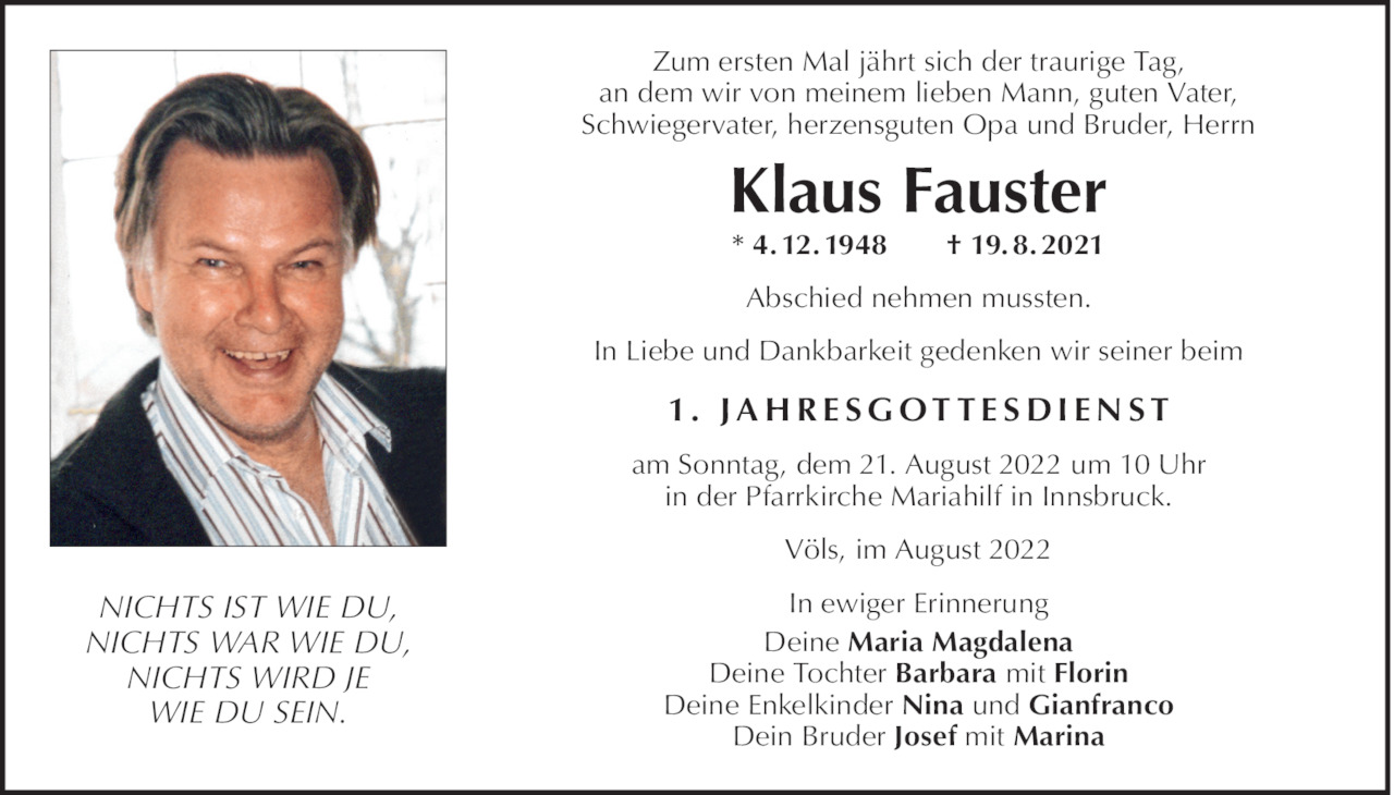 Jahrestag von Klaus Fauster vom 19.08.2021 | Tiroler Tageszeitung