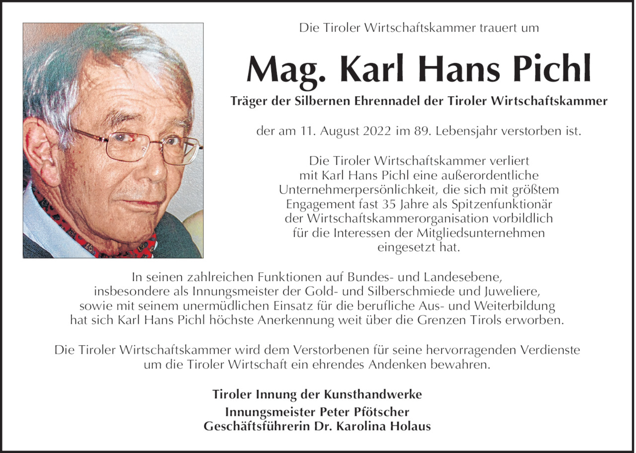 Traueranzeige von Karl-Hans Pichl vom 11.08.2022 | Tiroler Tageszeitung