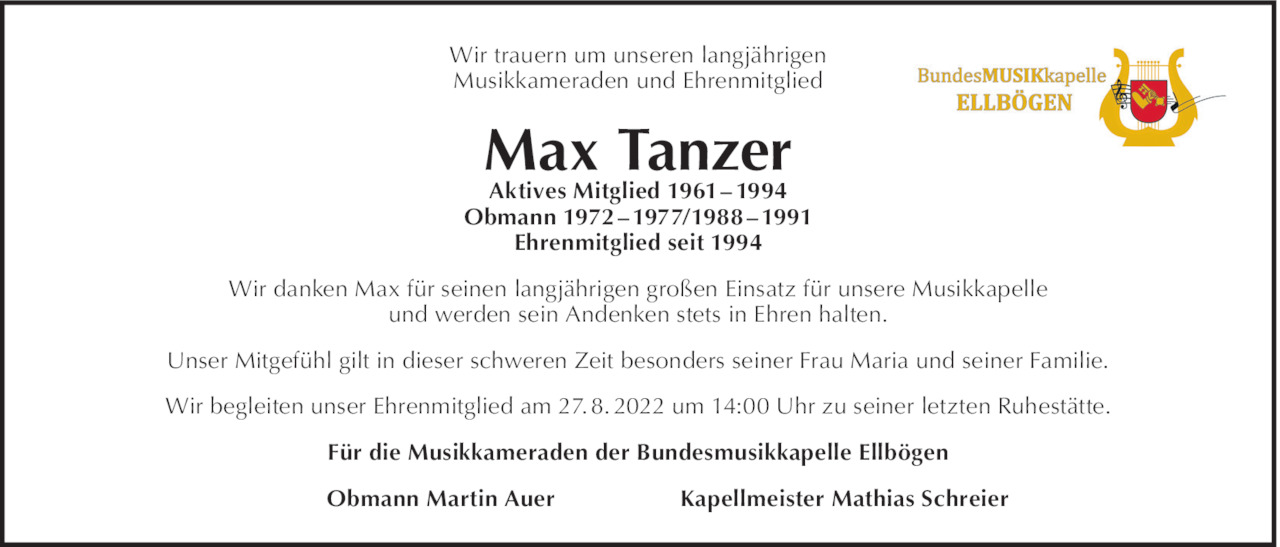 Traueranzeige von Max Tanzer vom 26.08.2022 | Tiroler Tageszeitung