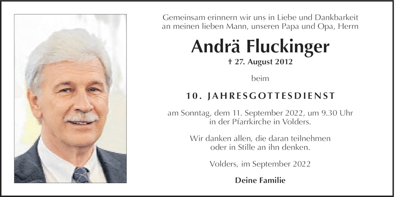 Traueranzeige von Andrä Fluckinger vom 27.08.2012 | Tiroler Tageszeitung