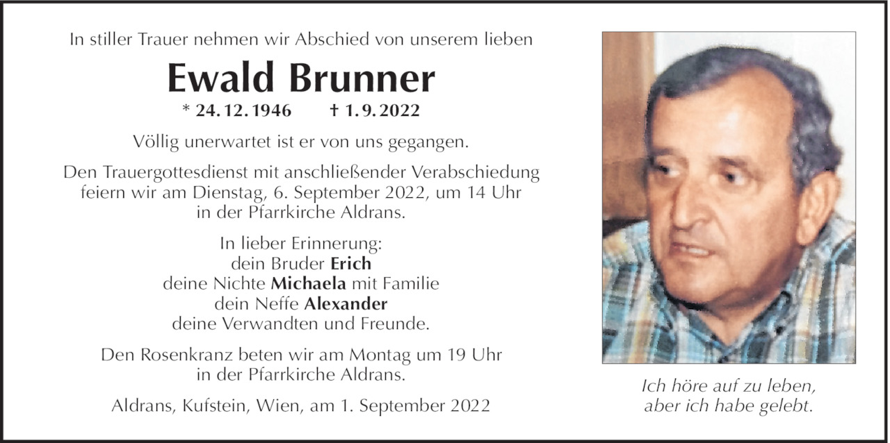Traueranzeige von Ewald Brunner vom 01.09.2022 | Tiroler Tageszeitung