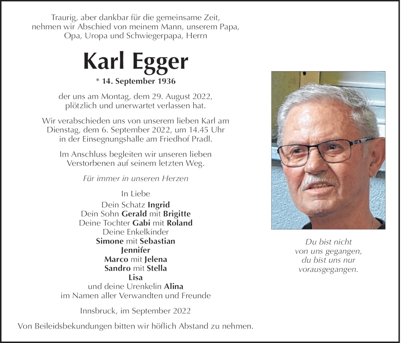 Traueranzeige von Karl Egger vom 29.08.2022 | Tiroler Tageszeitung
