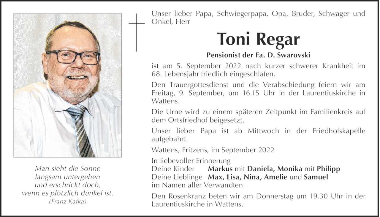 Traueranzeige von Toni Regar vom 05.09.2022 | Tiroler Tageszeitung