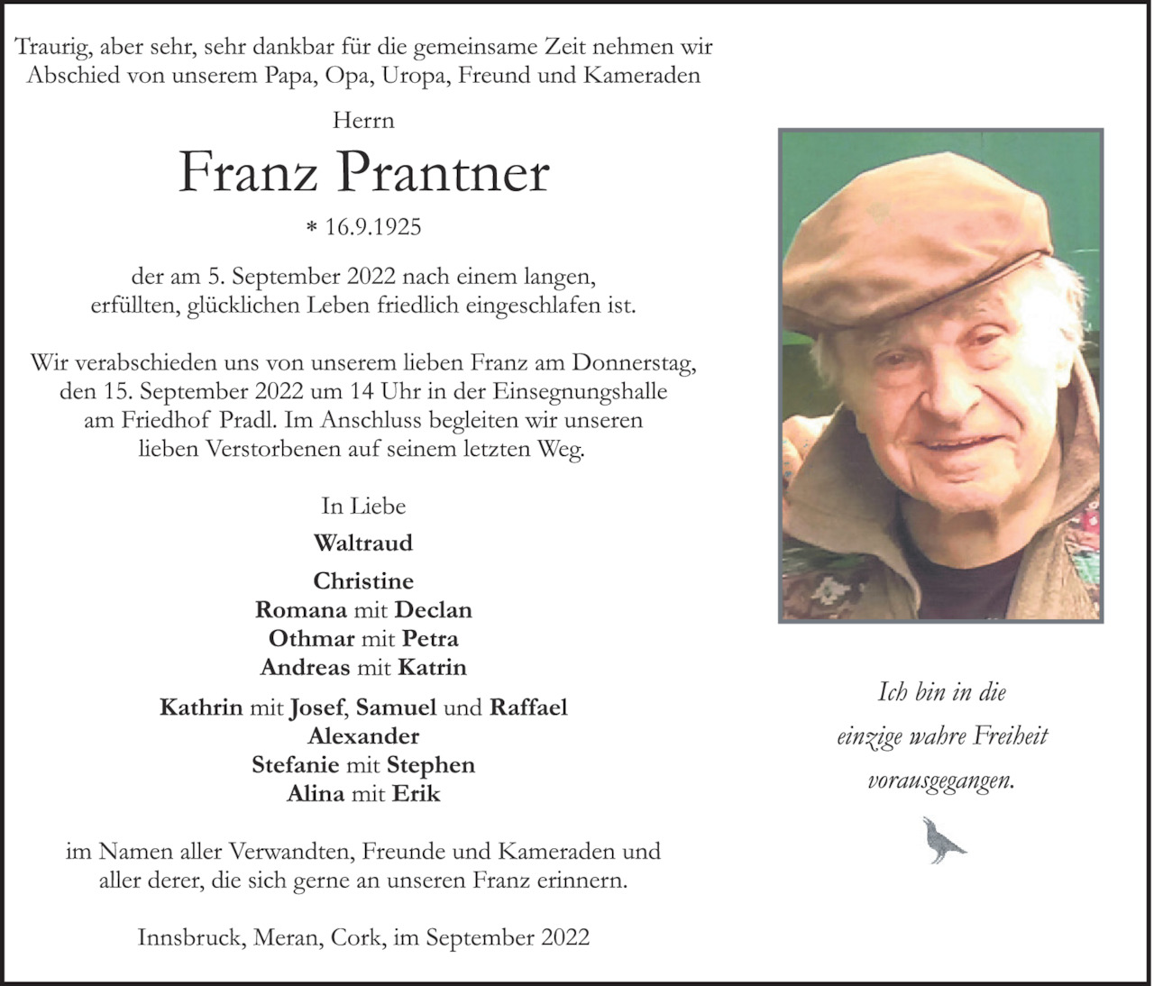 Traueranzeige von Franz Prantner vom 05.09.2022 | Tiroler Tageszeitung