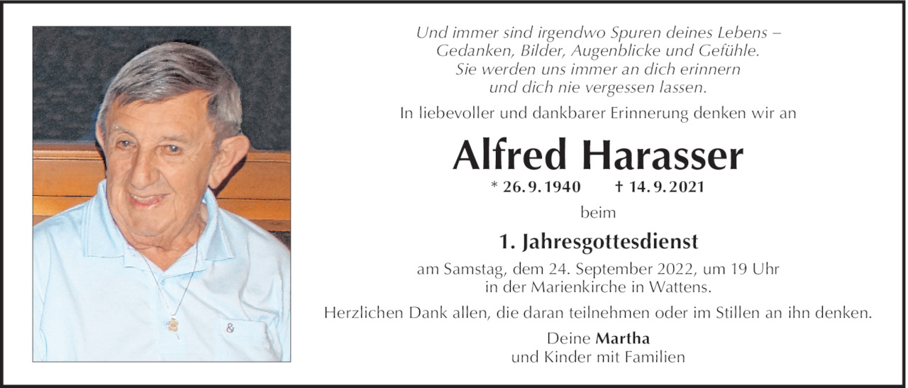 Jahrestag von Alfred Harasser vom 14.09.2021 | Tiroler Tageszeitung