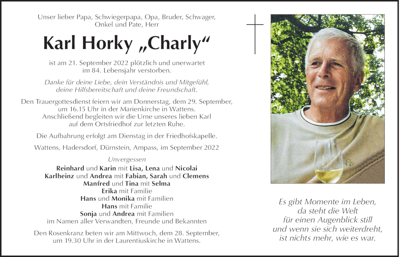 Traueranzeige von Karl Horky vom 21.09.2022 | Tiroler Tageszeitung
