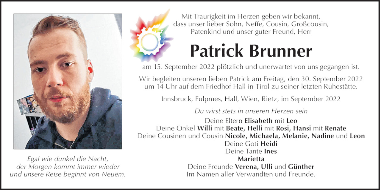 Traueranzeige von Patrick Brunner vom 15.09.2022 | Tiroler Tageszeitung