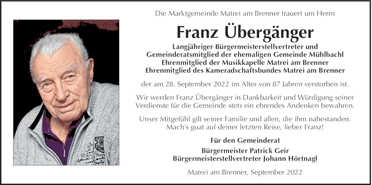 Traueranzeige von Franz Übergänger vom 28.09.2022 | Tiroler Tageszeitung