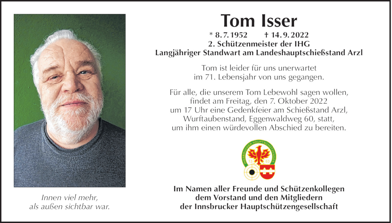 Traueranzeige von Tom Isser vom 14.09.2022 | Tiroler Tageszeitung