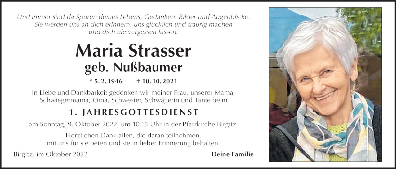 Jahrestag von Maria Strasser vom 10.10.2021 | Tiroler Tageszeitung