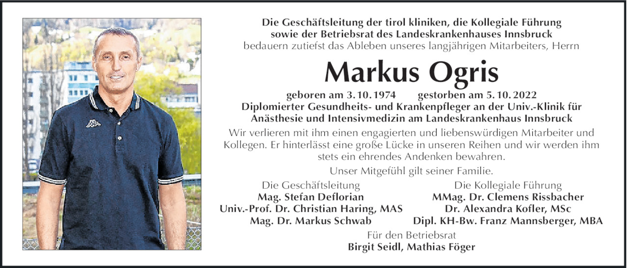 Traueranzeige von Markus Ogris vom 05.10.2022 | Tiroler Tageszeitung